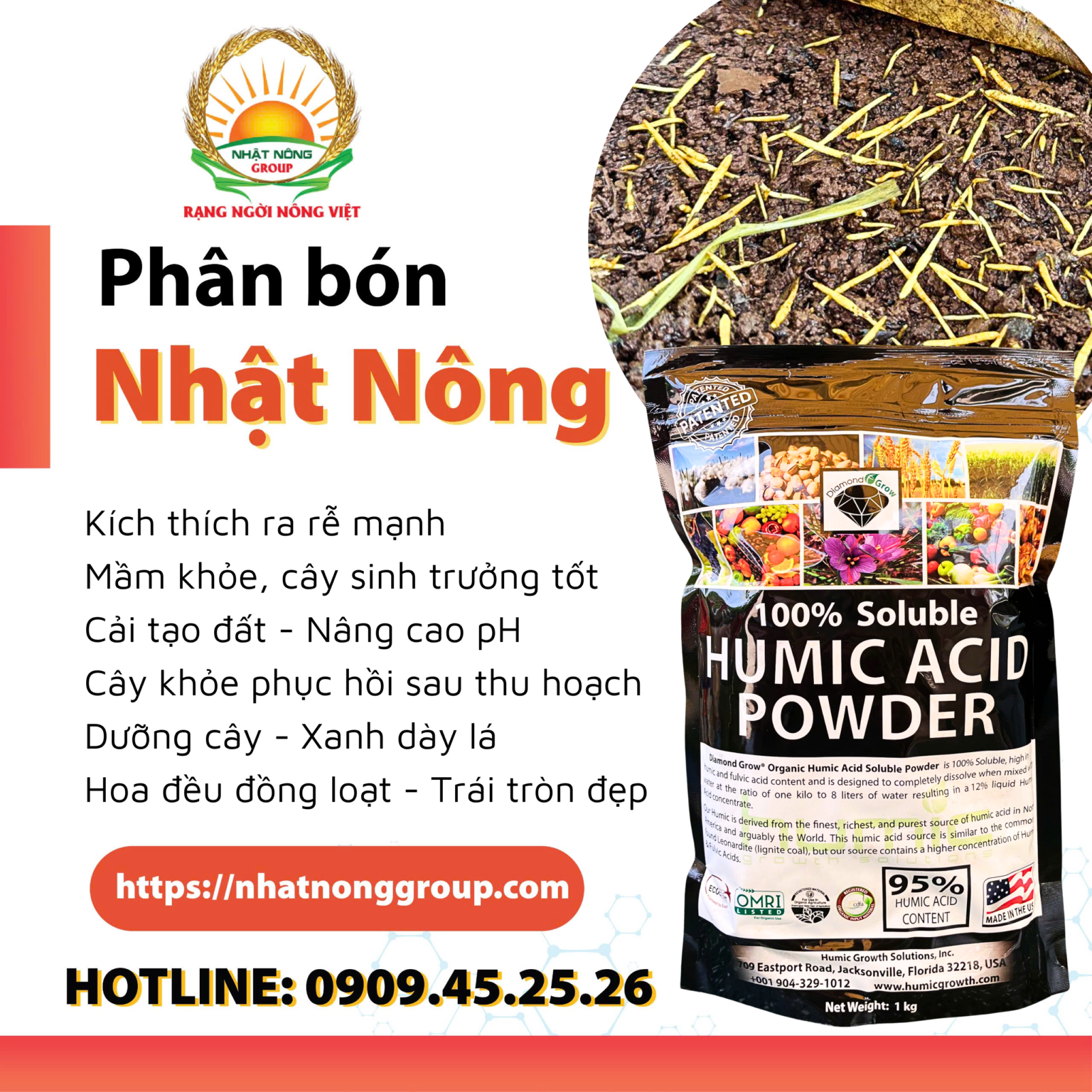 Phân bón Humic Mỹ - Diamond Grow Humi[K] Powder - Nhật Nông Group